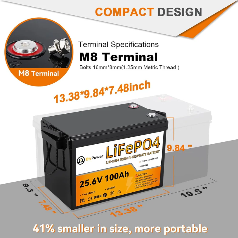 BtrPower Lithium 24V 100Ah LiFePO4 Battery for RV Marine Solar - 1688